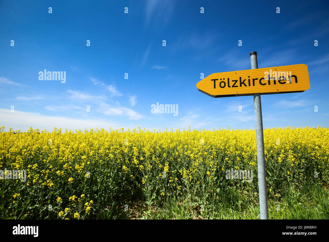 A road sign with name of village Tolzkirchen next to the yellow ...