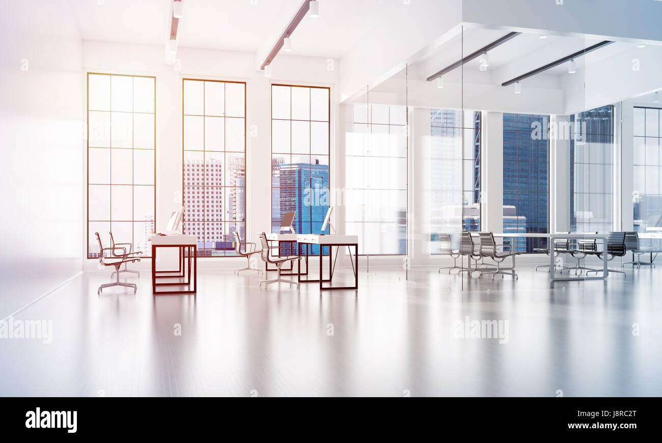 Office interior design in whire color and rays of light from window ...
