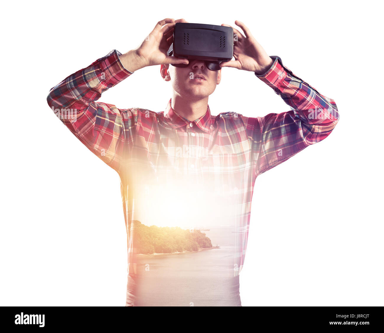Guy wearing checked shirt and virtual mask demonstrating some em Stock ...