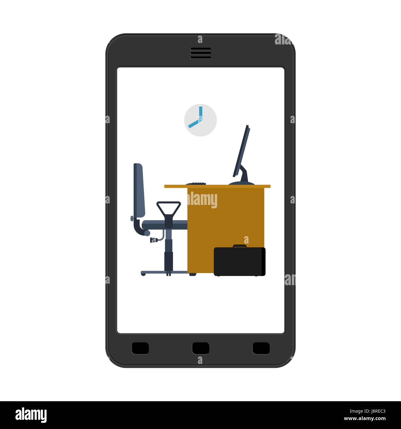 Office in smartphone. Mobile workplace in phone. Table and computer ...