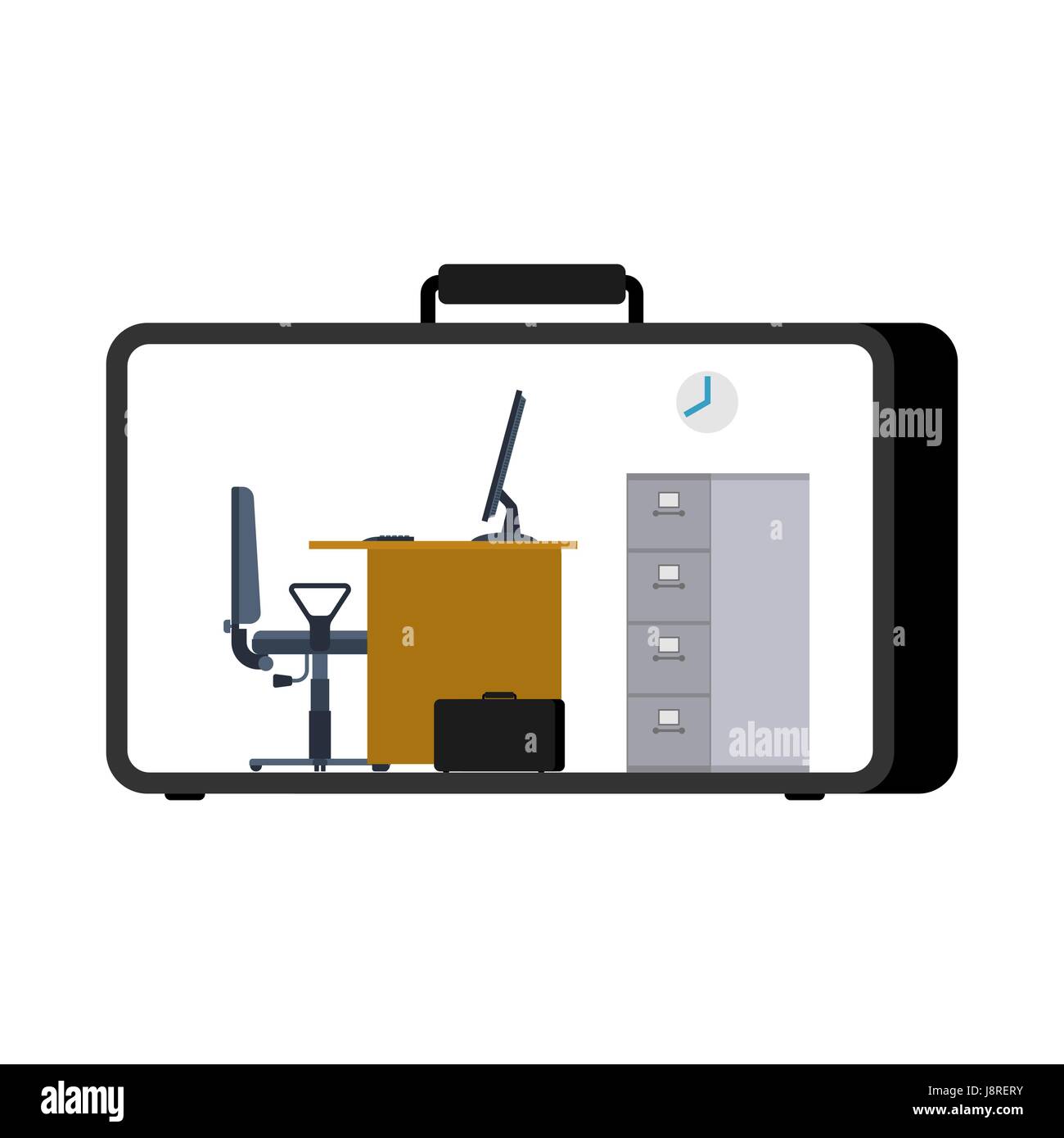 Office in case. mobile Workplace in suitcase. Working on computer Stock ...