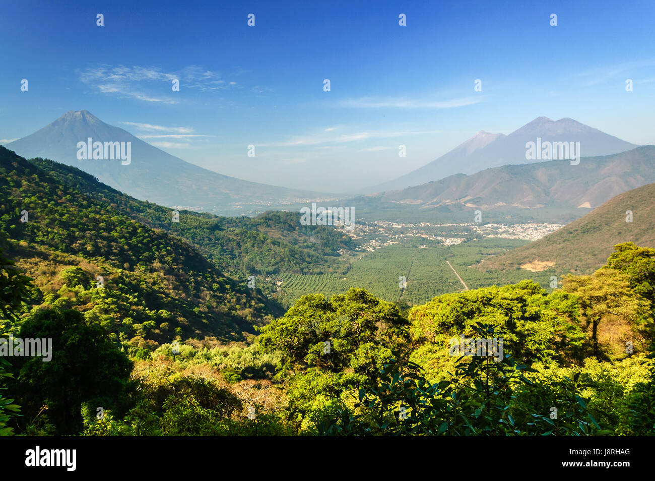 Three volcanoes: Agua, Fuego & Acatenango, near Antigua, Guatemala ...