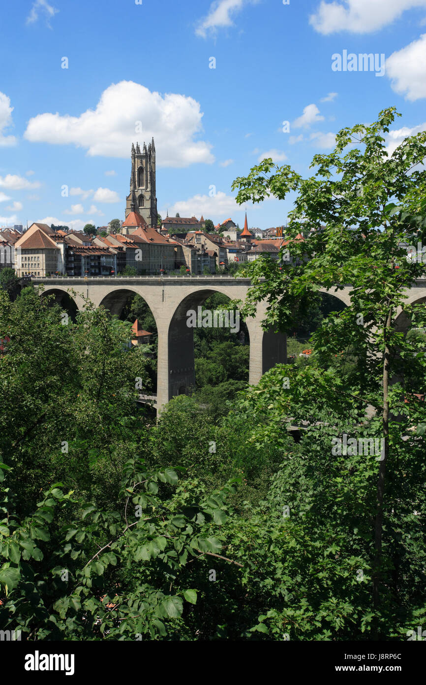 church, city, town, bridge, europe, switzerland, swiss, freiburg, blue ...