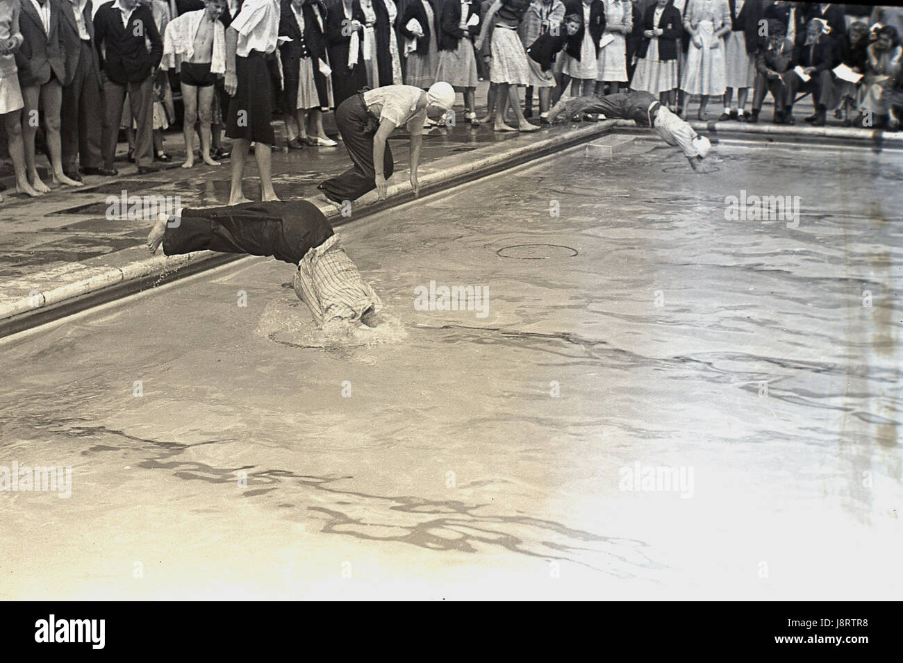 1950s, outdoor swimming gala, adult males dive into the pool fully ...