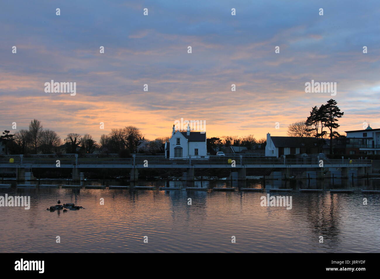 sunset, reflection, evening, ireland, river, water, buildings, tree ...