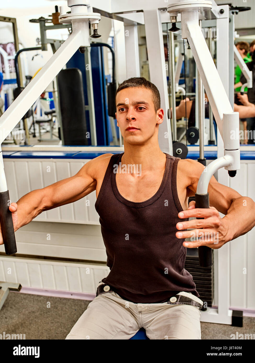 Training apparatus gym for man pumping muscles . Chest Exercise Stock ...