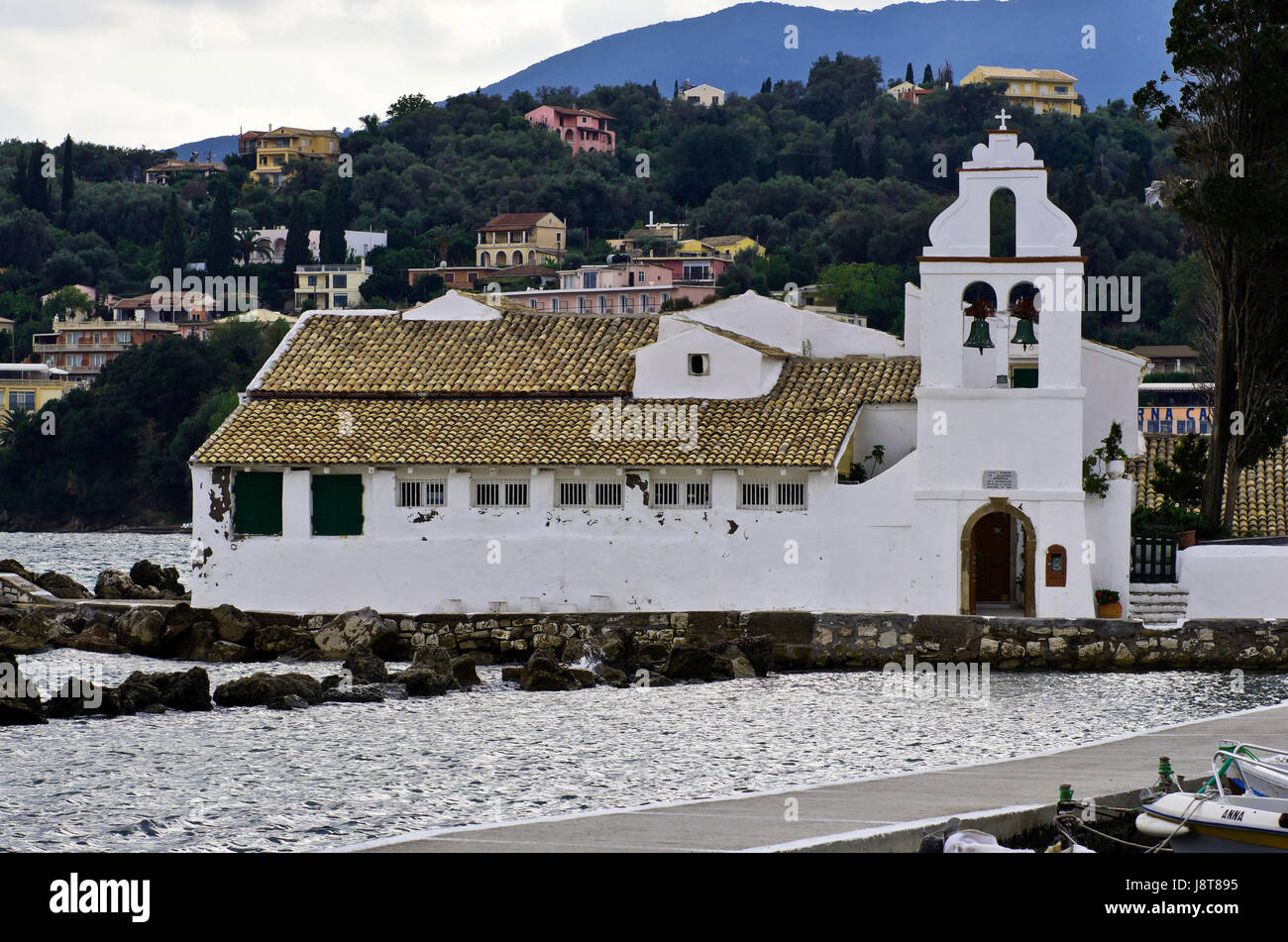 church, monastery, convent, salt water, sea, ocean, water, corfu, blue ...
