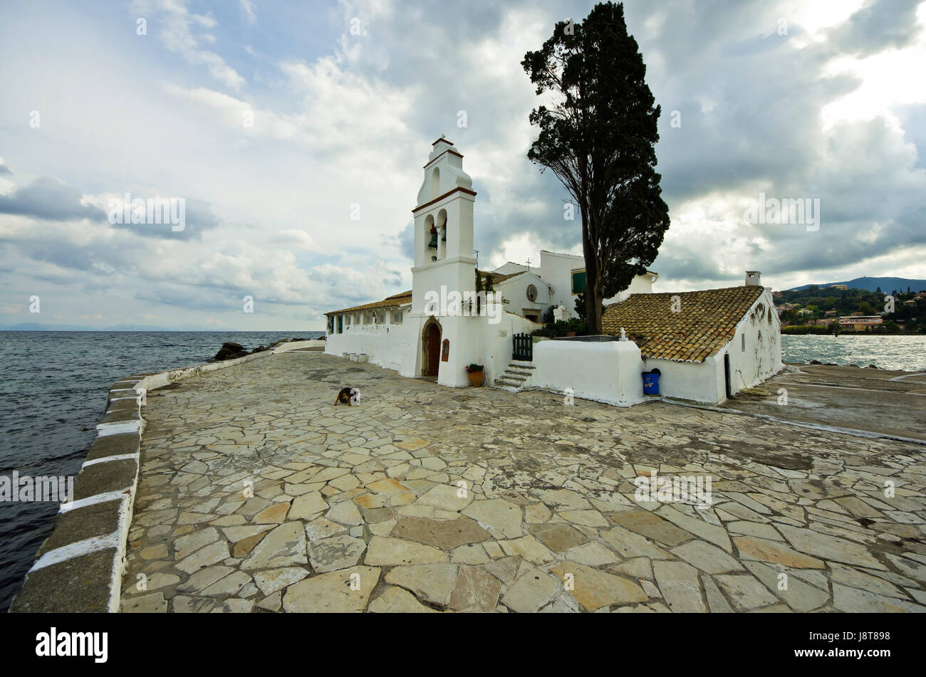 church, monastery, convent, salt water, sea, ocean, water, corfu, blue ...