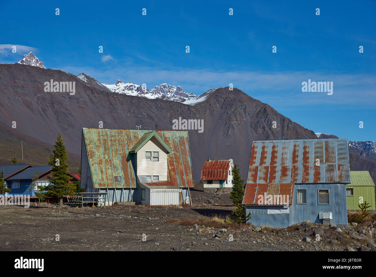 Snow capped peak of Antuco Volcano (2,979 metres) rising above the ...