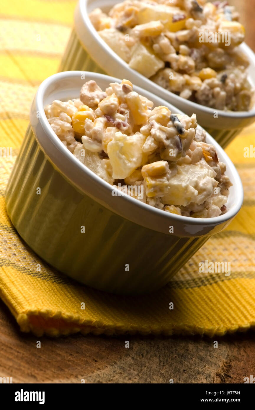 corn, nut, food, dish, meal, lunch, mayonnaise, salad, rice, close ...