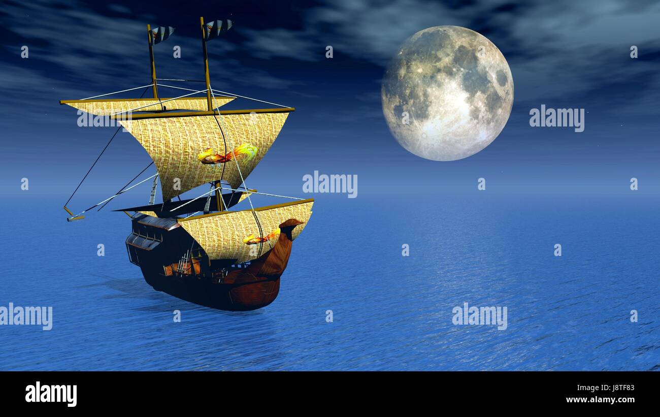 blue, moon, ship, landscape, scenery, countryside, nature, sailing ...