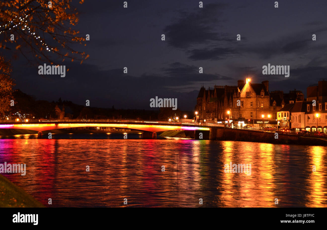 bridge, night, nighttime, lighted, rainbow, city, colour, colors ...