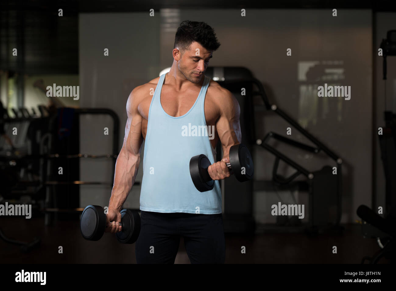 Healthy Man Working Out Biceps In A Fitness Center Gym - Dumbbell ...