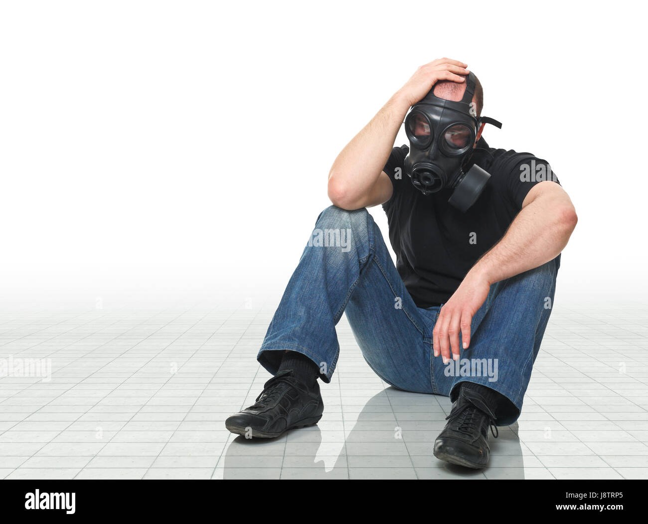 portrait, gas, problem, mask, put, sitting, sit, toxic, poisonous, man ...