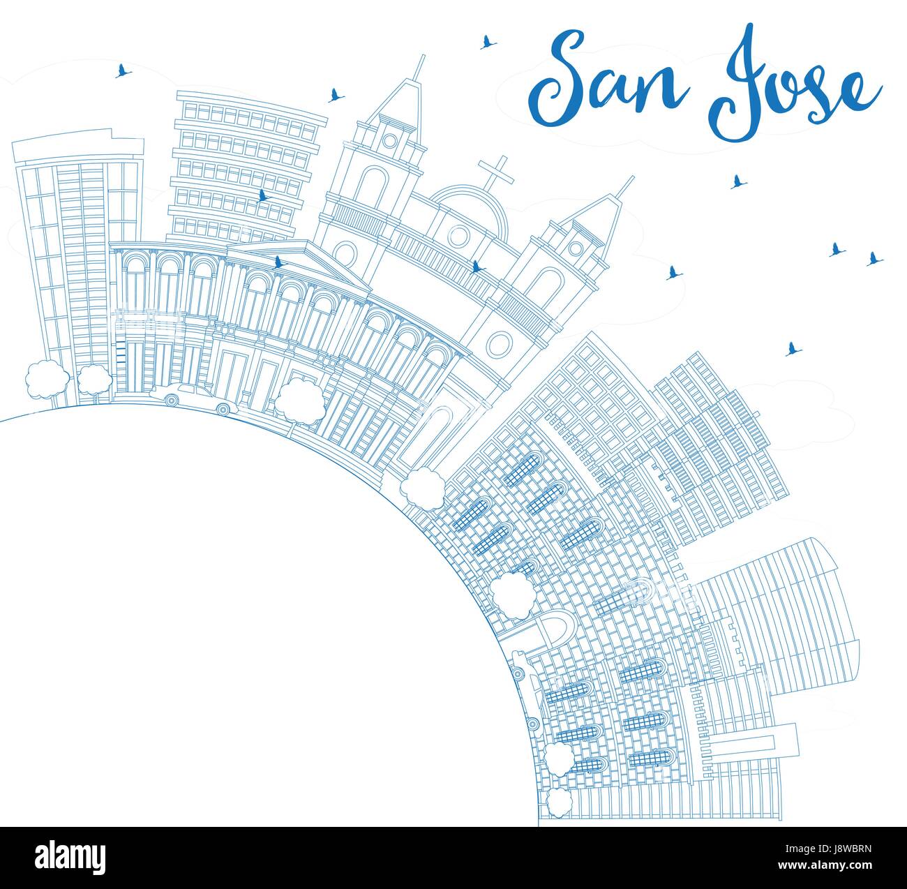 Outline San Jose Skyline with Blue Buildings and Copy Space. Vector ...