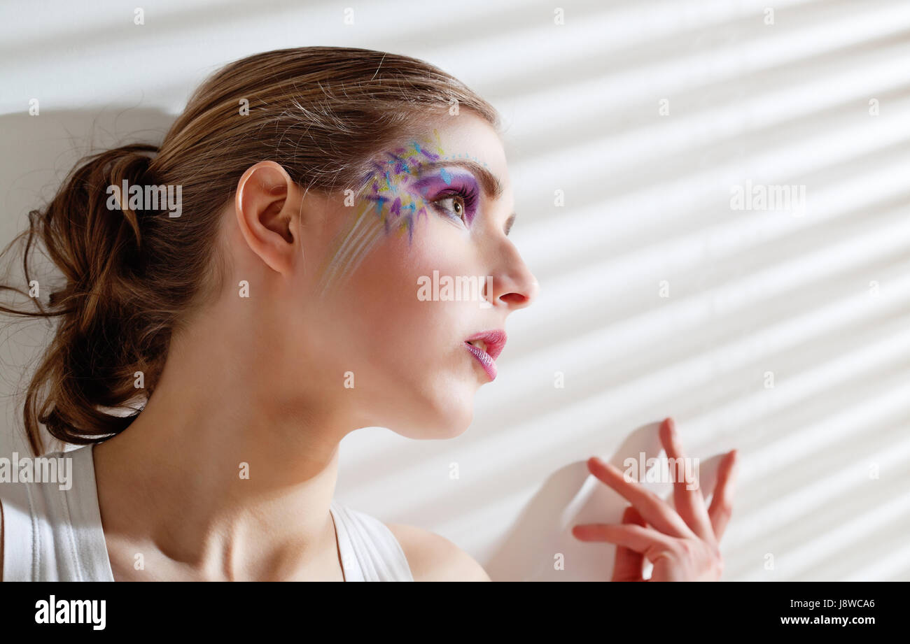 woman, profile, hand, female, window, porthole, dormer window, pane ...