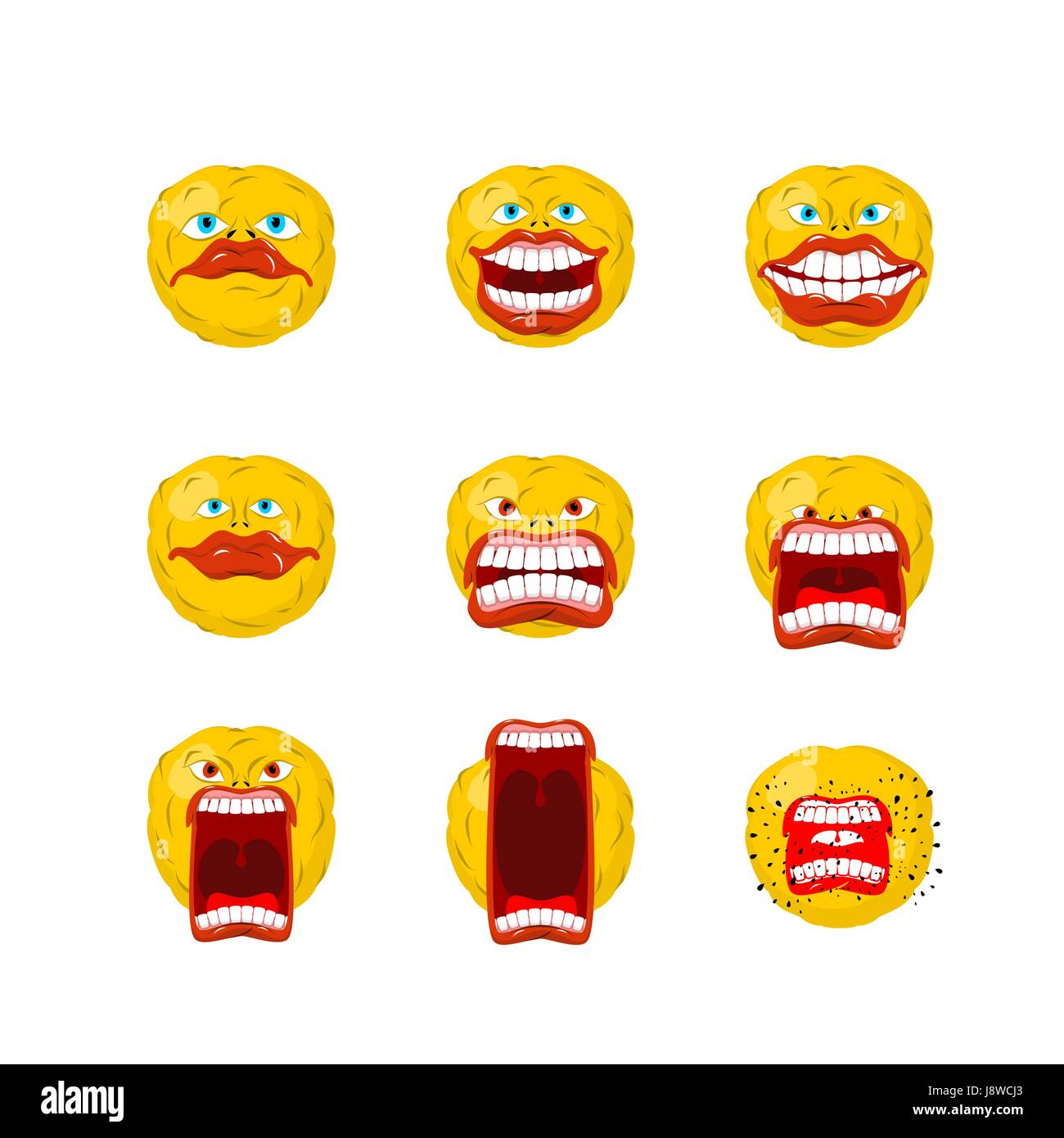 Emoticon set. Open mouth and teeth. Crazy Emoji. Emotion screams. Yellow ball head Stock Vector ...