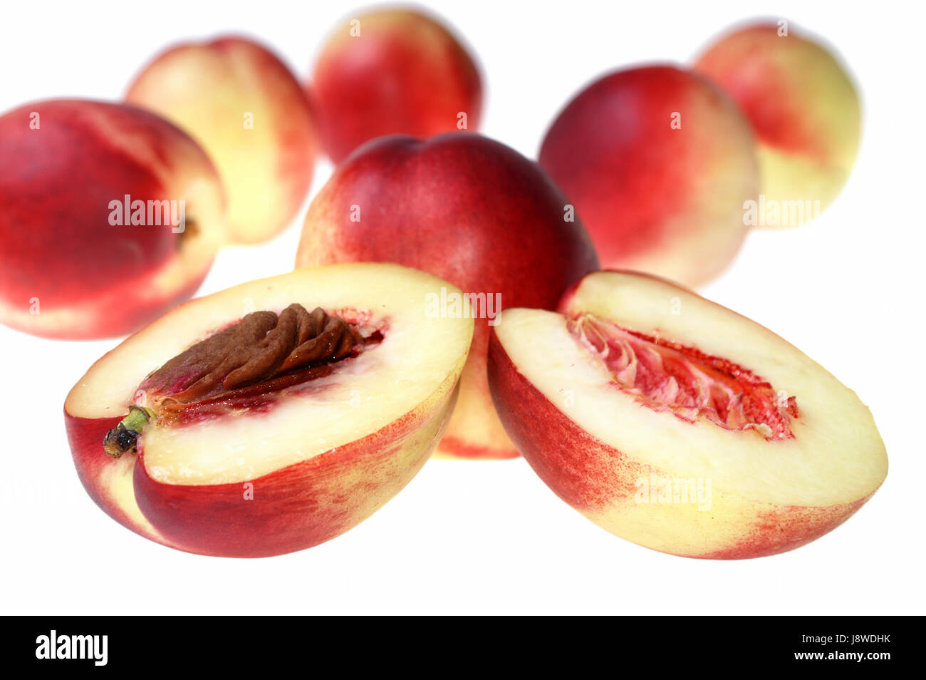 isolated, closeup, stone, fruit, cut, juicy, nectarine, white, close ...