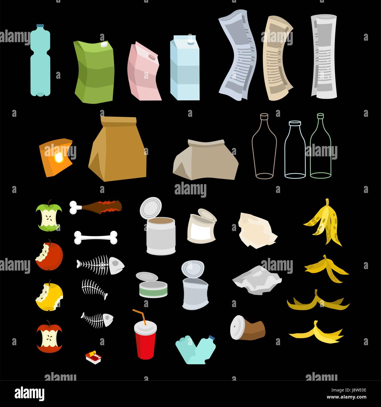 Garbage set. Rubbish icon collection. trash sign. litter symbol. peel ...