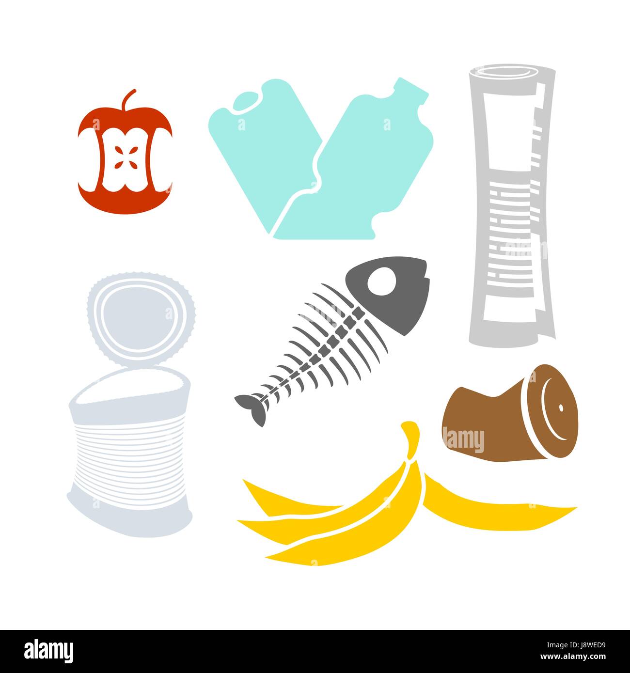 Garbage set. Rubbish icon collection. trash sign. litter symbol. peel ...
