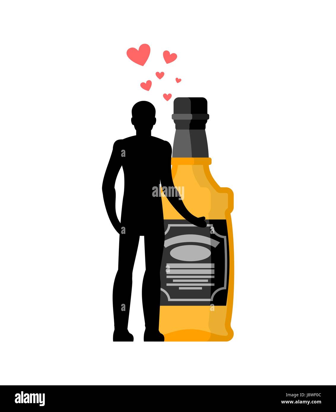 Lover alcohol drink. Man and bottle of whiskey embrace. Lovers cuddle ...