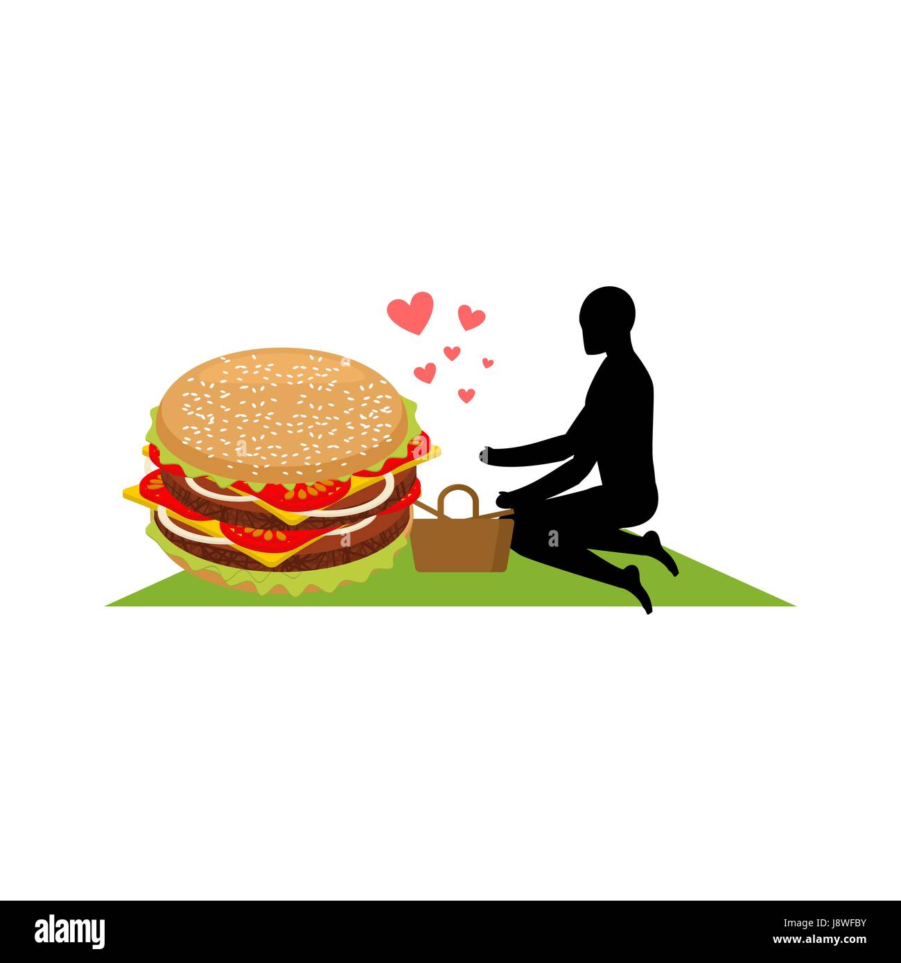 Lover Fast Food Man And Hamburger On Picnic Guy And Burger Meal In