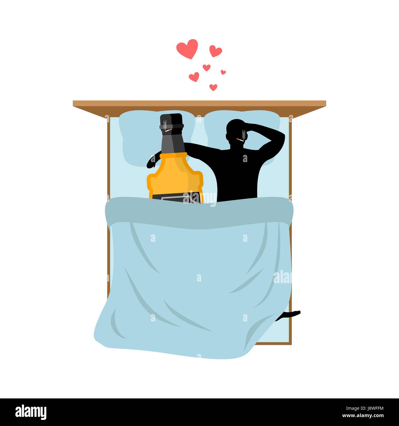 Lover drink alcohol. Bottle of whiskey ang guy in bed. Man and brandy ...