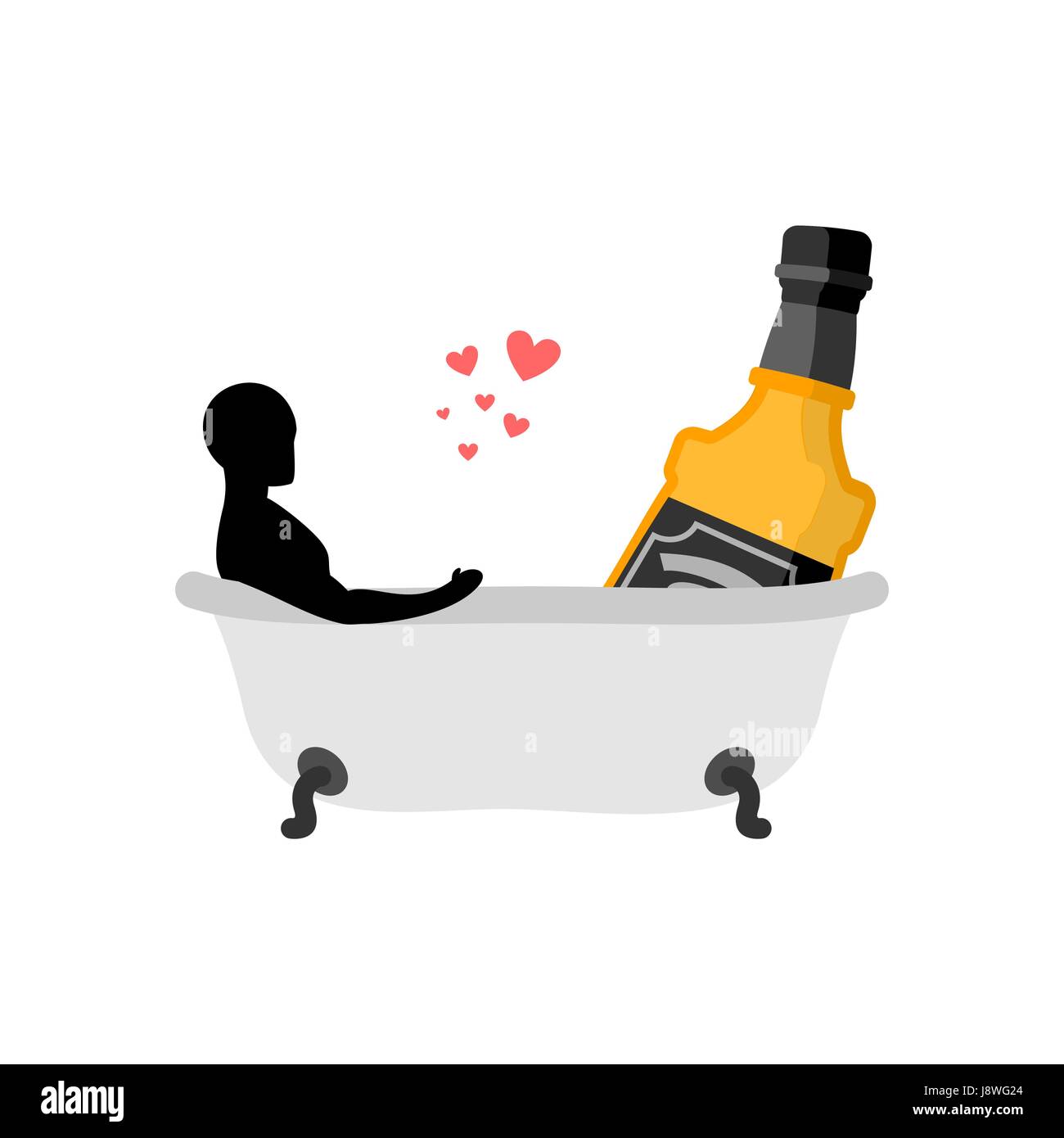 Lover alcohol drink. Man and bottle of whiskey in bath. Joint bathing ...