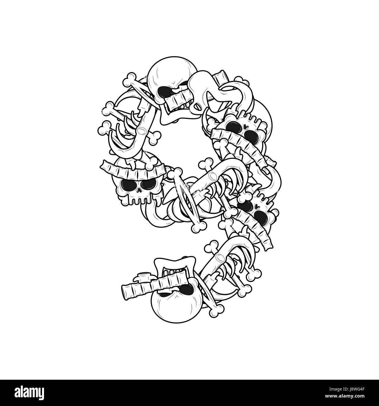 Number 9 skeleton. Bones Font nine . Anatomy of an alphabet symbol ...