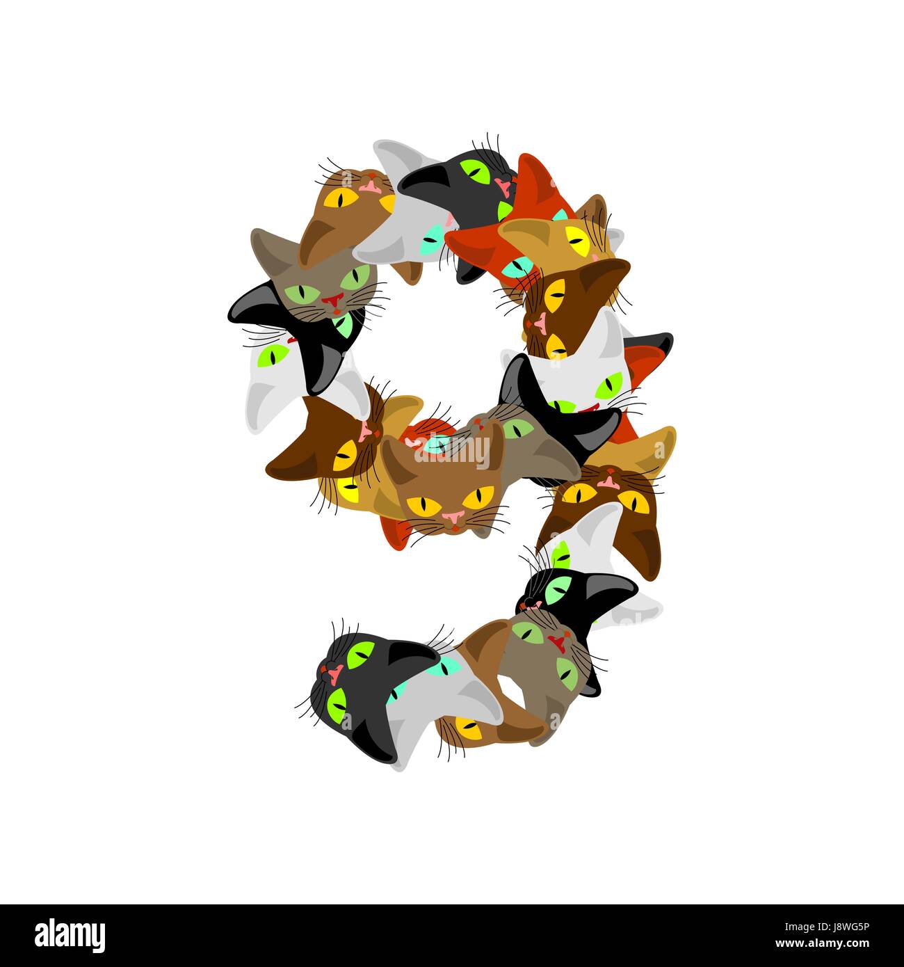 Number 9 cat font. Cats number nine. Pet alphabet sign. home animal ABC ...