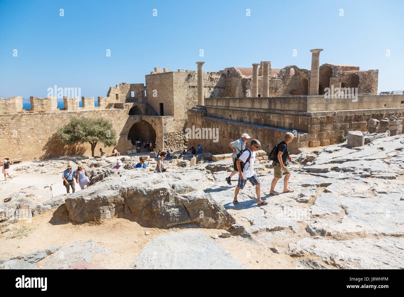 LINDOS, RHODES ISLAND, GREECE - September 3, 2015: People visiting the ...