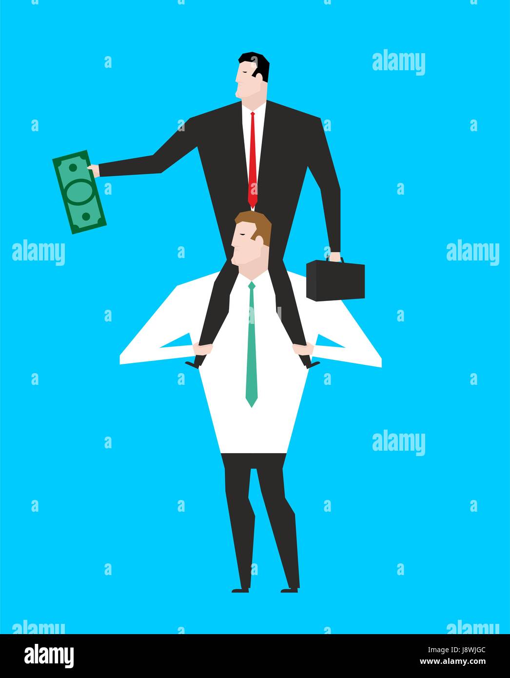 Business motivation. Boss sitting on shoulders of manager. Dollar ni ...