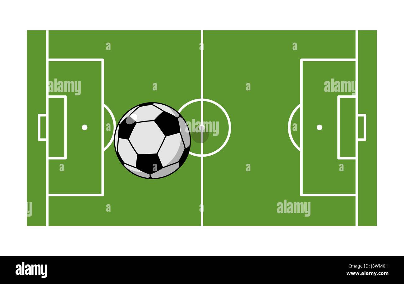 Football field and ball. Soccer game. Game ball high above ground ...