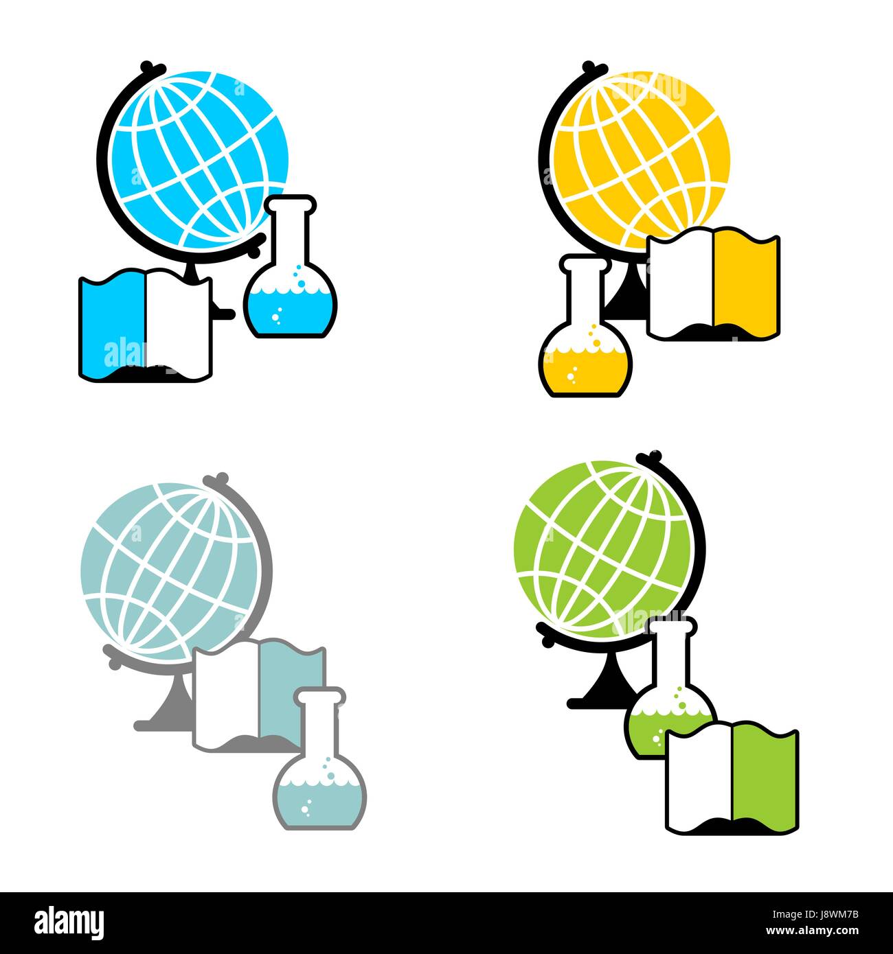 Science logo. Globe and laboratory flask. Book and test tube research ...