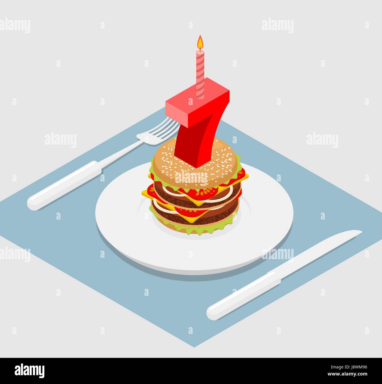 7 years birthday celebratory burger. Number seven with candle. Burger ...