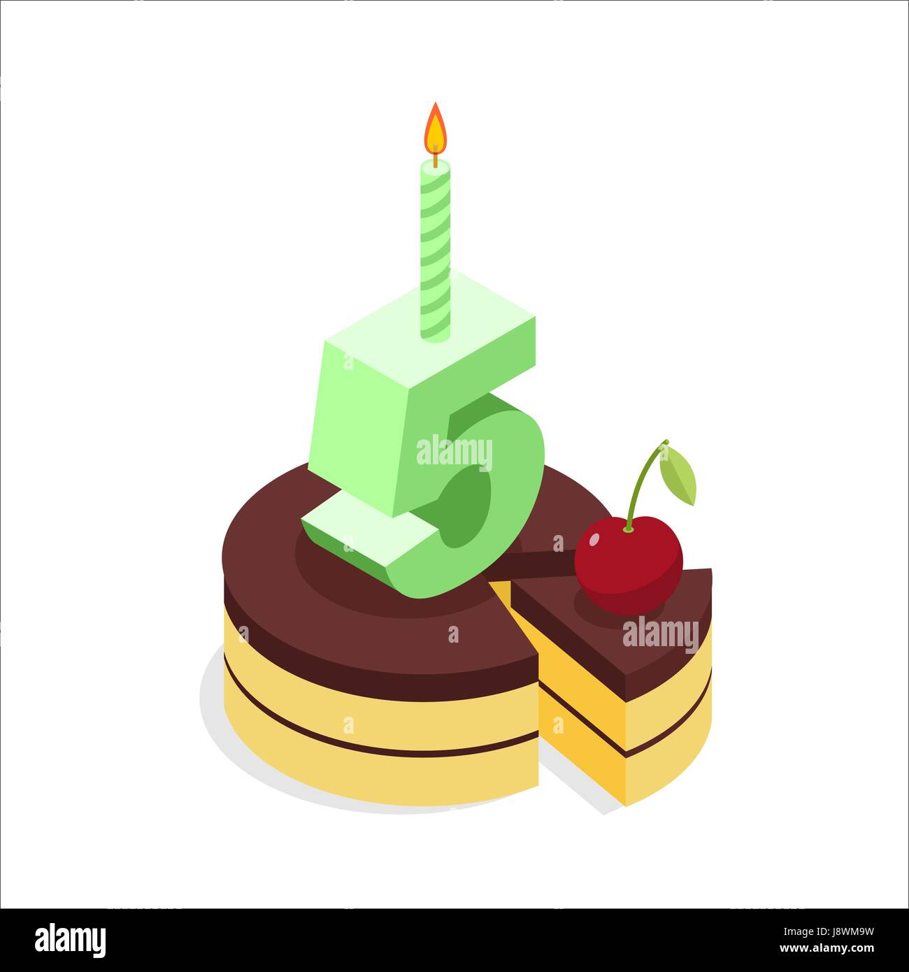 Birthday 5 years. Cake and Candle isometrics. Number five with candle ...