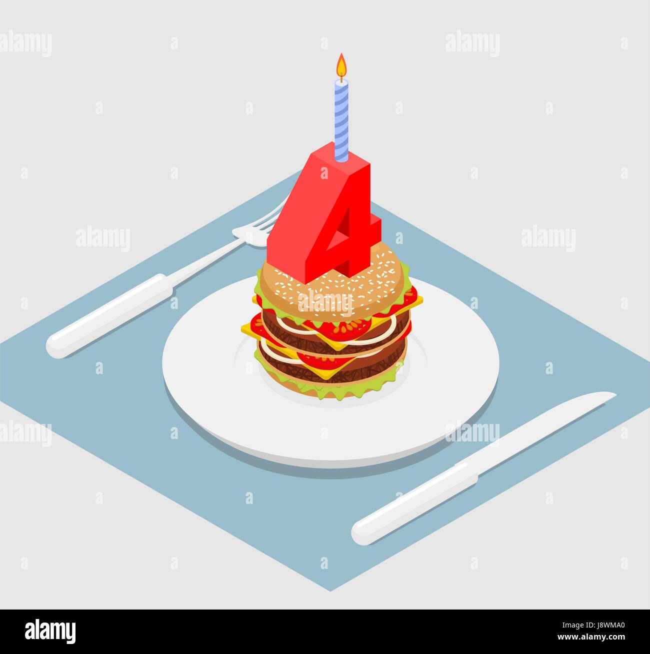 4 years birthday burger. Number four with candle. Burger anniversary ...
