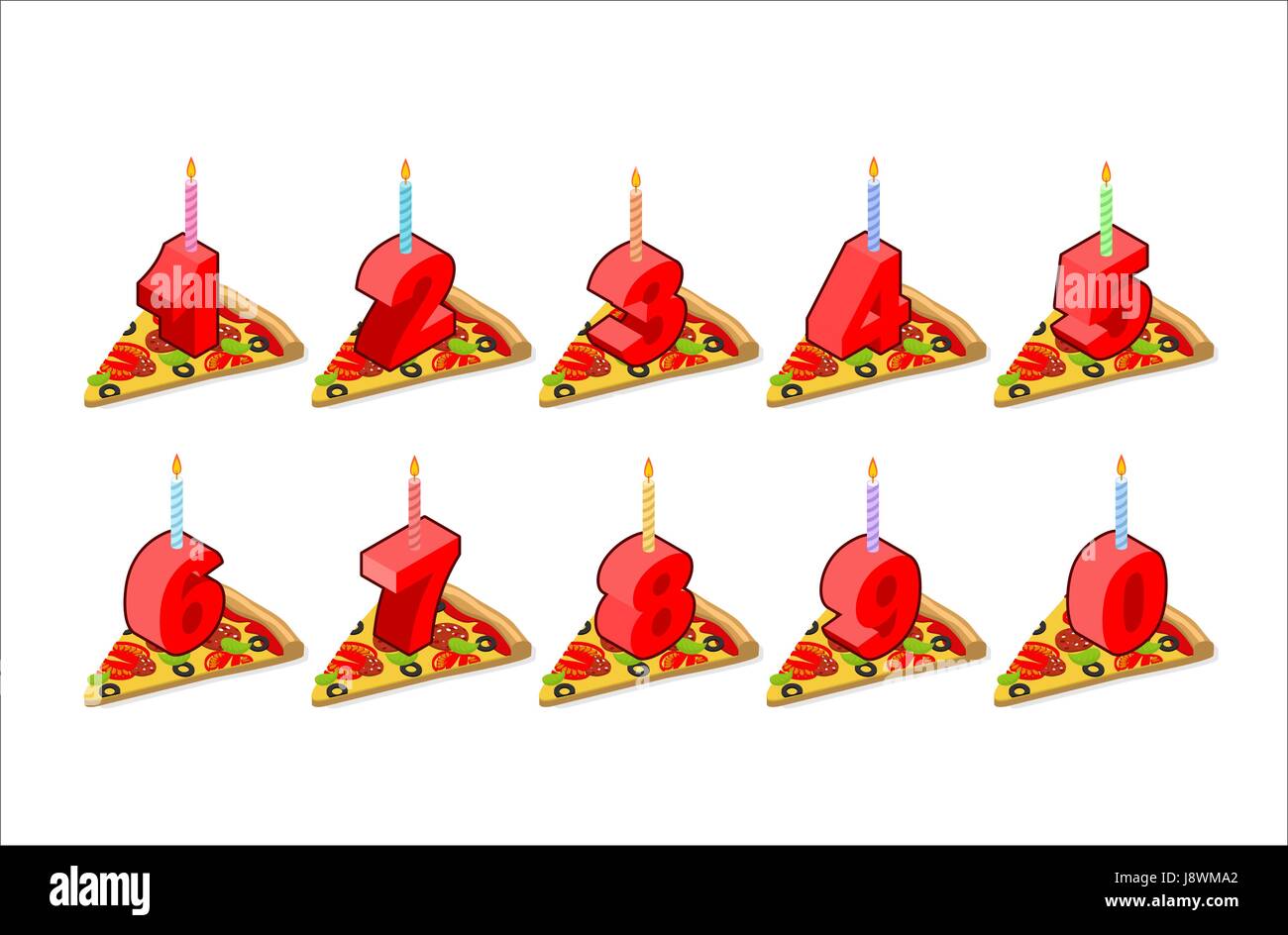 Pizza and birthday numbers candles set. holiday pizza slice isometric ...