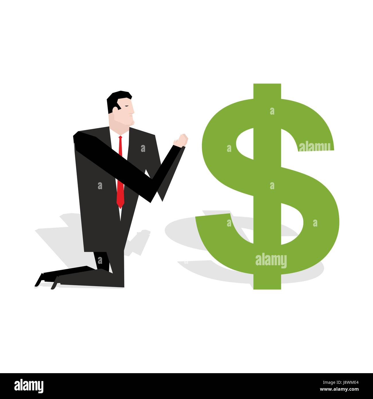 Financial idol. Businessman praying to dollar. Worship of money. Prayer ...