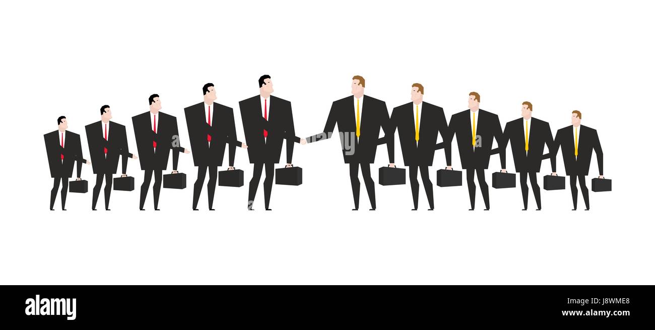 Combining corporations. Business deal. Merger. Managers shaking hands ...