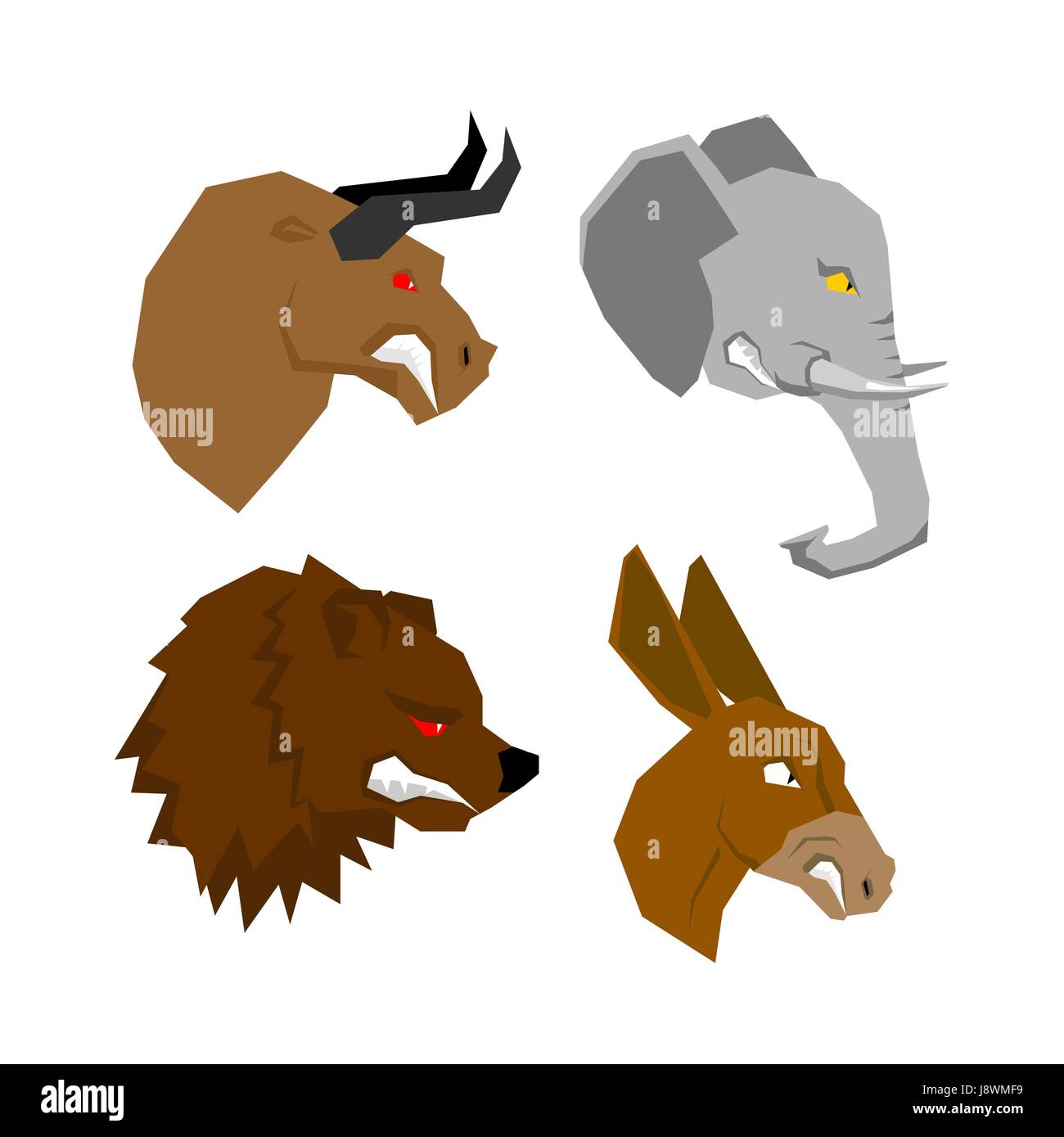 Angry animal set. Aggressive bull with red eyes. Scary elephant with ...