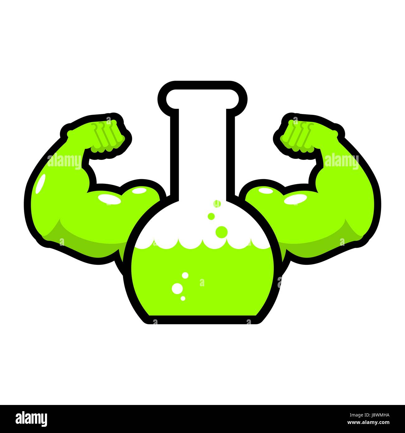 Green powerful mutagen. Strong chemical flask. Beaker with muscles ...