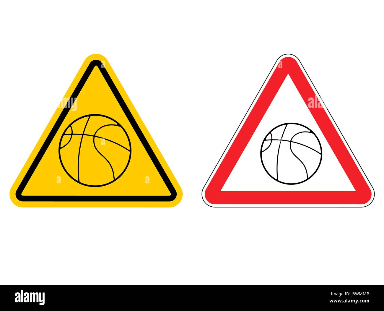 Warning sign basketball attention. Dangers yellow sign game. ball is ...