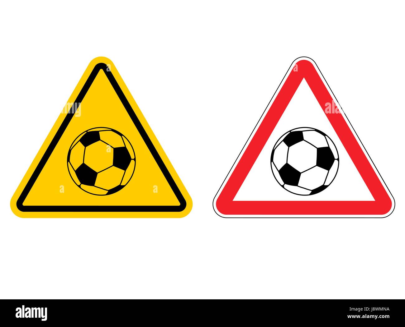 Warning sign football attention. Dangers yellow sign game. Soccer ball ...