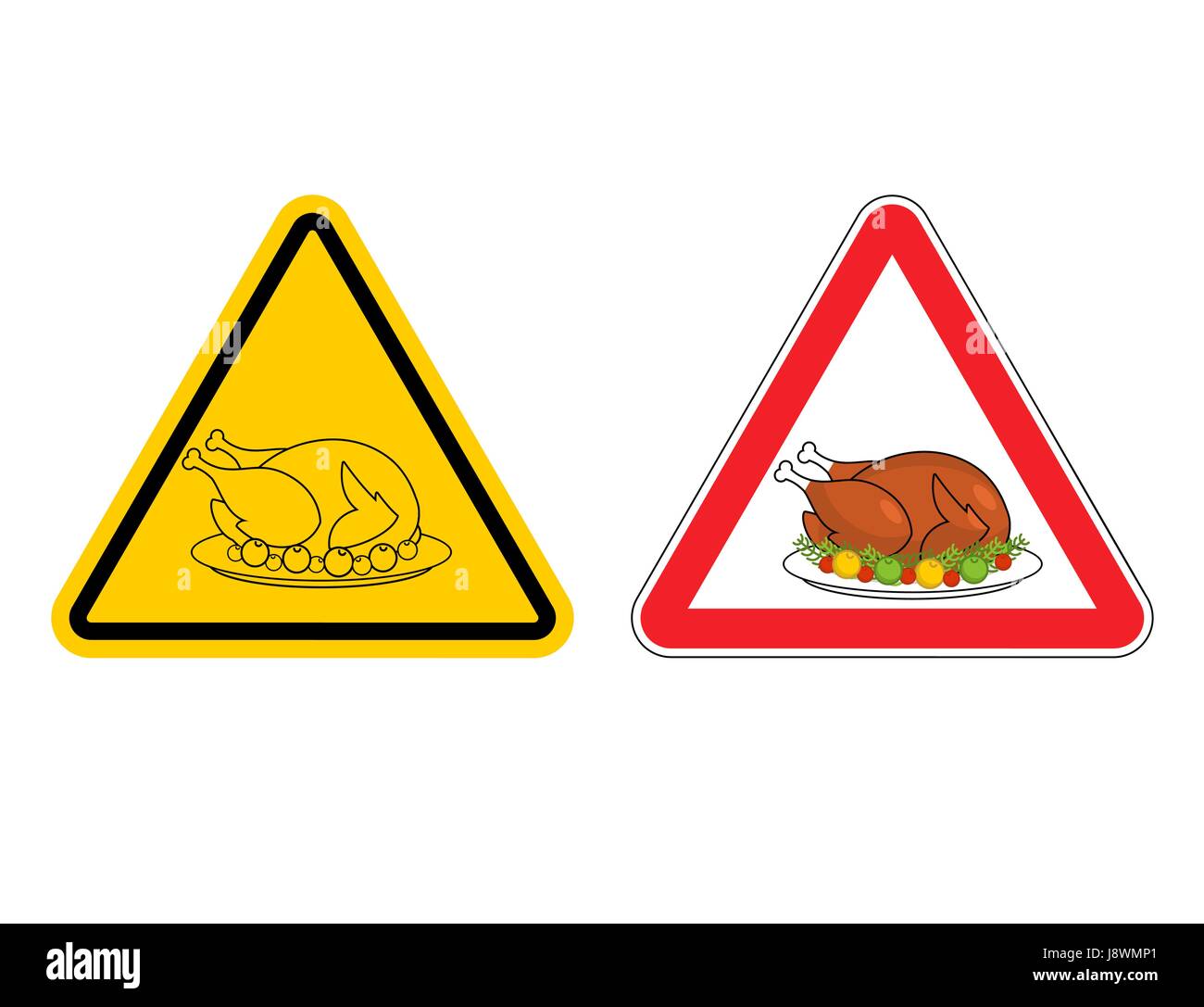 Warning sign of attention roasted turkey. Dangers yellow sign ...