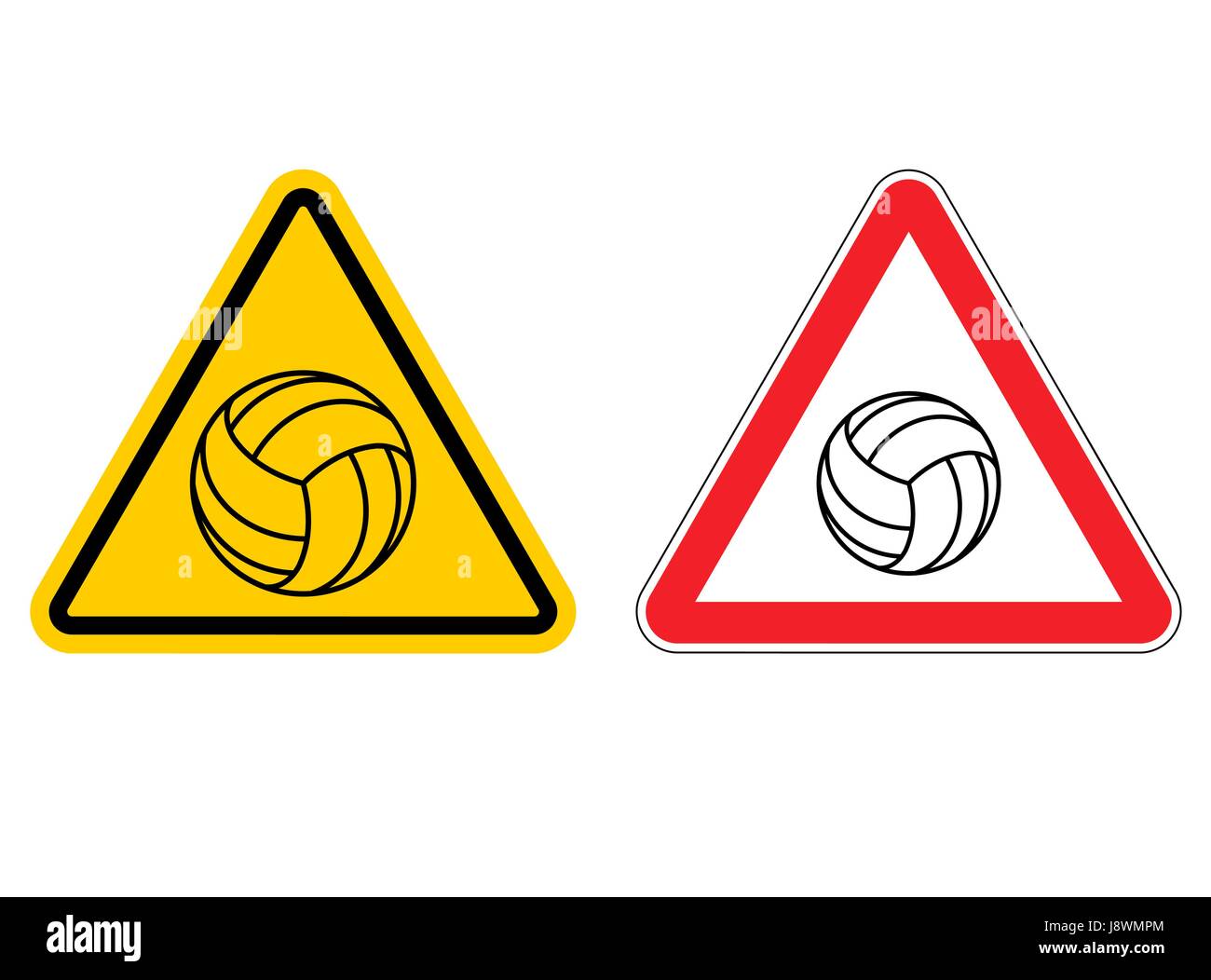 Warning sign volleyball attention. Dangers yellow sign game. Ball is on ...