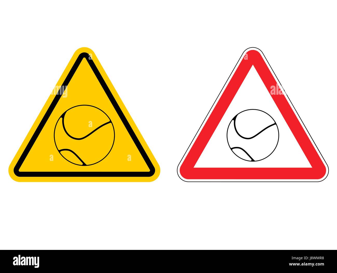 Warning sign Tennis attention. Dangers yellow sign game. ball is on red ...