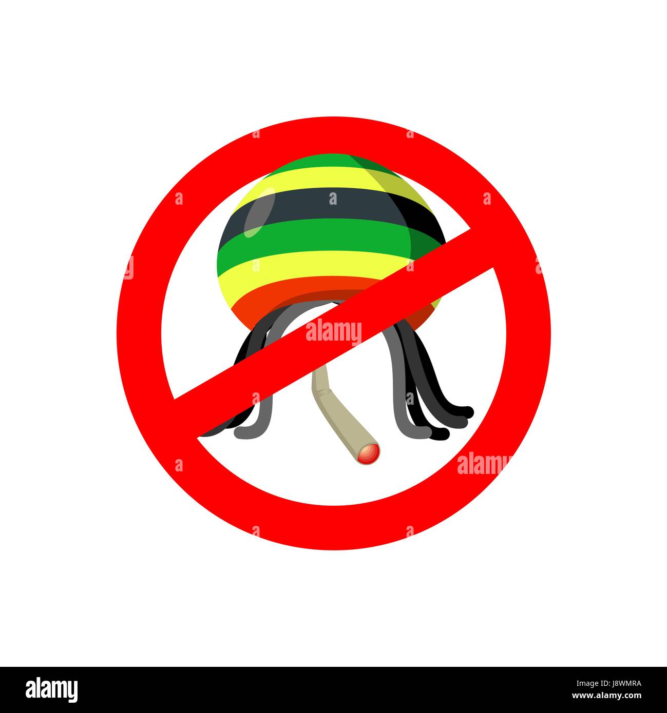 Stop Rastaman. Prohibited Stoned drug man. Dangers red sign rasta hat ...