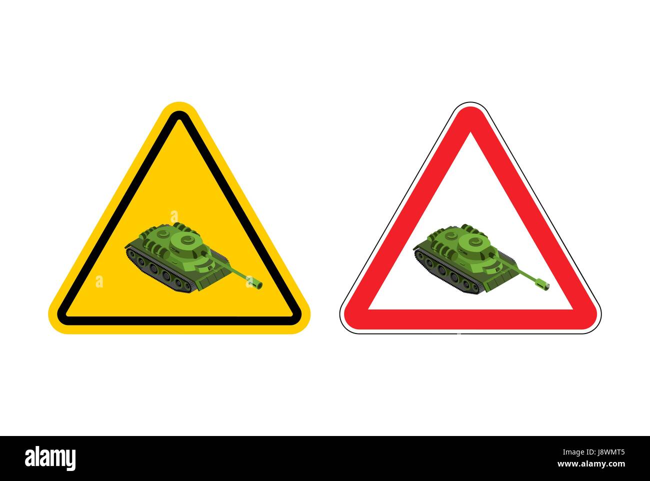 Warning sign of attention War. Dangers yellow sign army. Tank on red ...