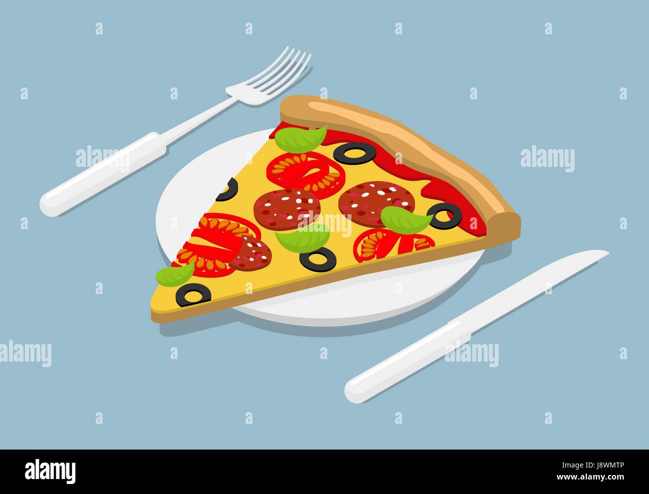 Piece of Pizza isometrics. 3D Italian food on plate. Cutlery fork and ...